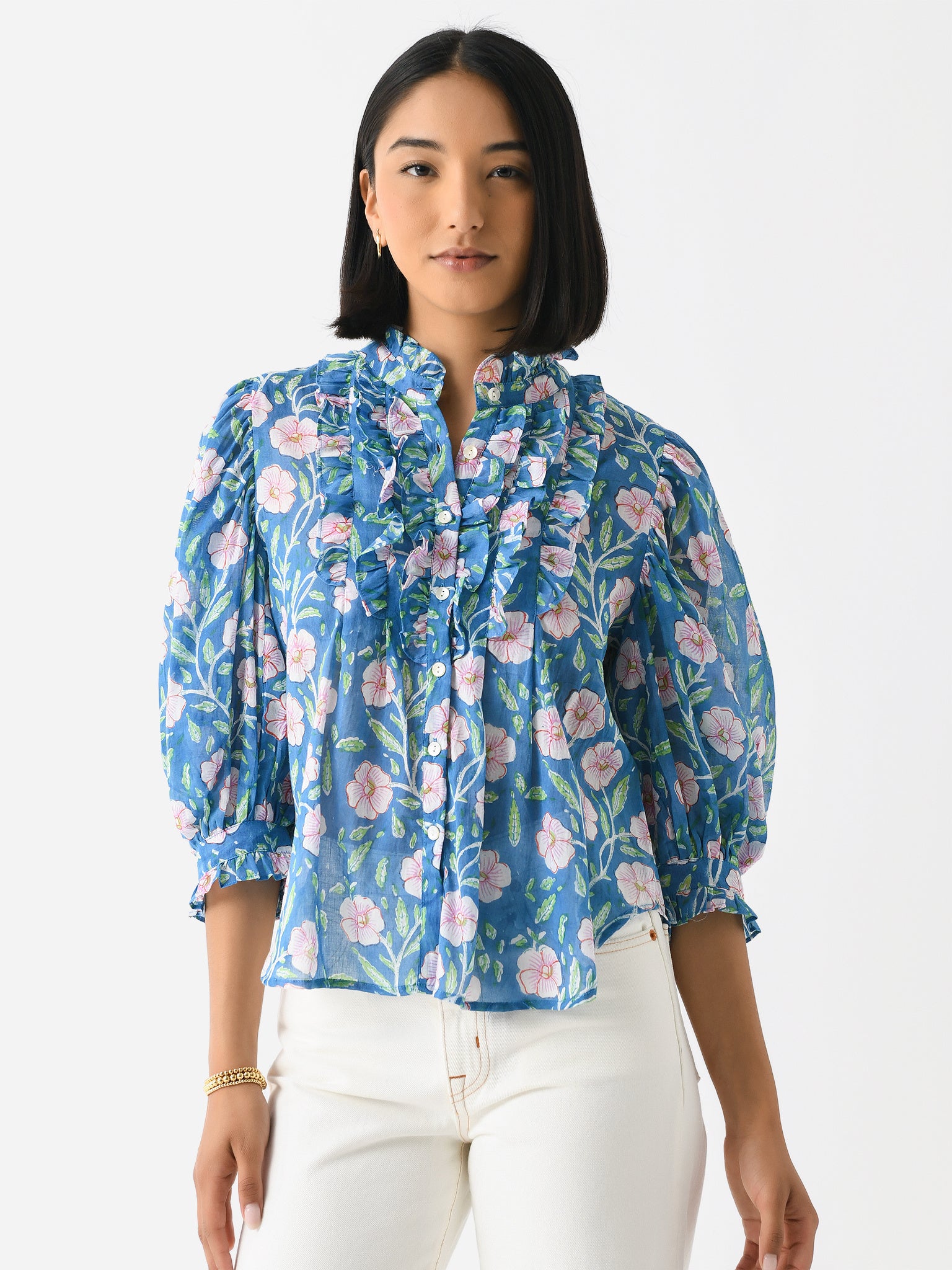Oliphant Women's Ruffle Front Button Blouse | $198.00 | Saint Bernard
