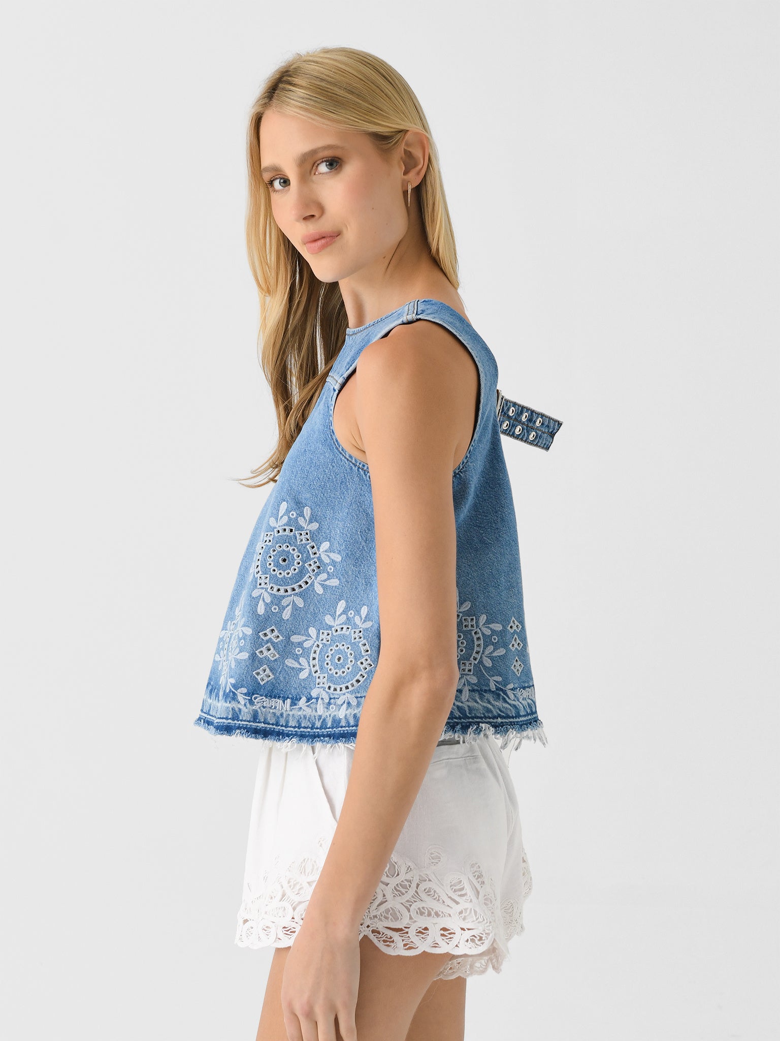 GANNI Women's Broderie Anglaise Denim Top | $375.00 | Saint Bernard
