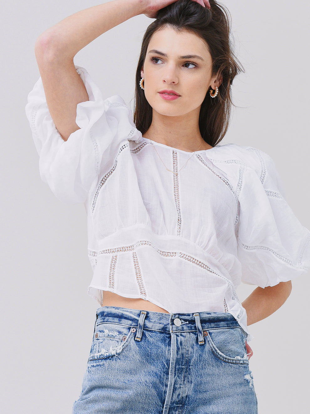 Frame Women's Inset Lace Gathered Seam Top | $329.00 | Saint Bernard