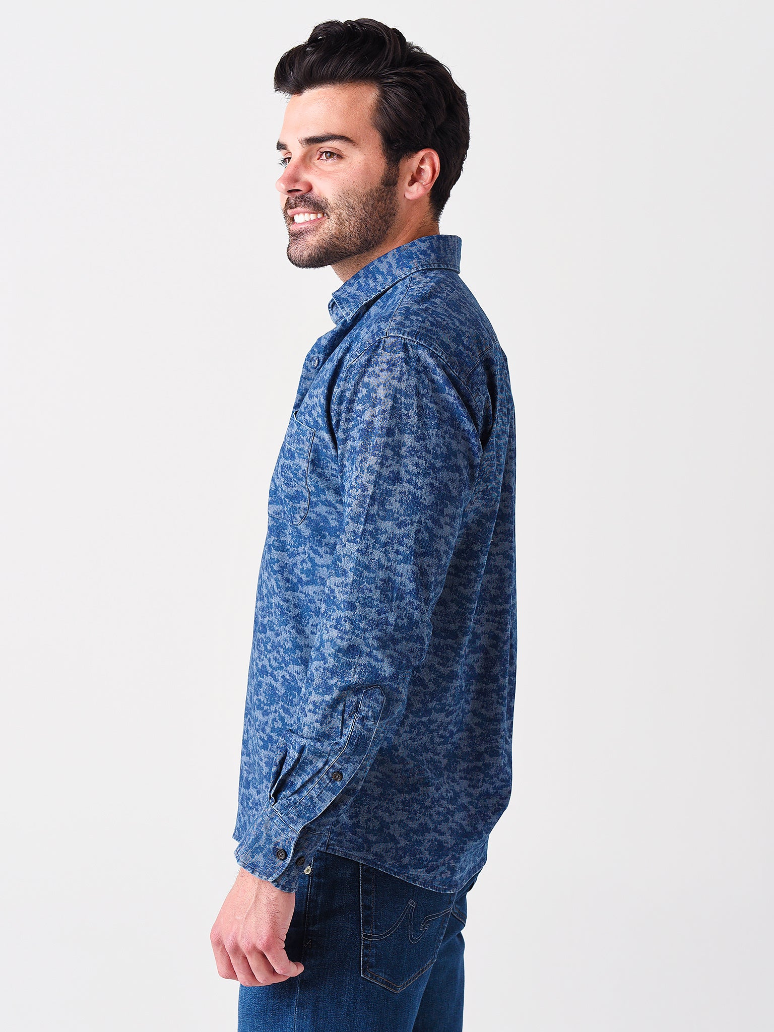 Peter Millar Crown Men's Fir Camo Chambray Sport Shirt - Saint Bernard